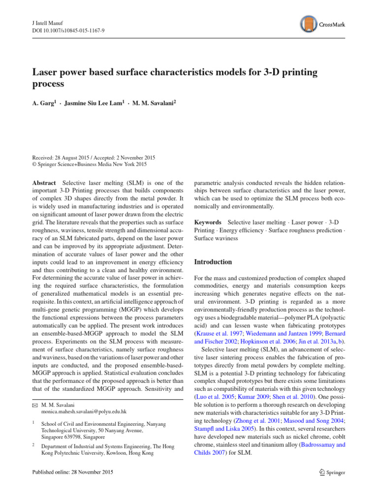 Laser Power Based Surface Characteristics Models for 3-D Printing Process | Download Free PDF ...
