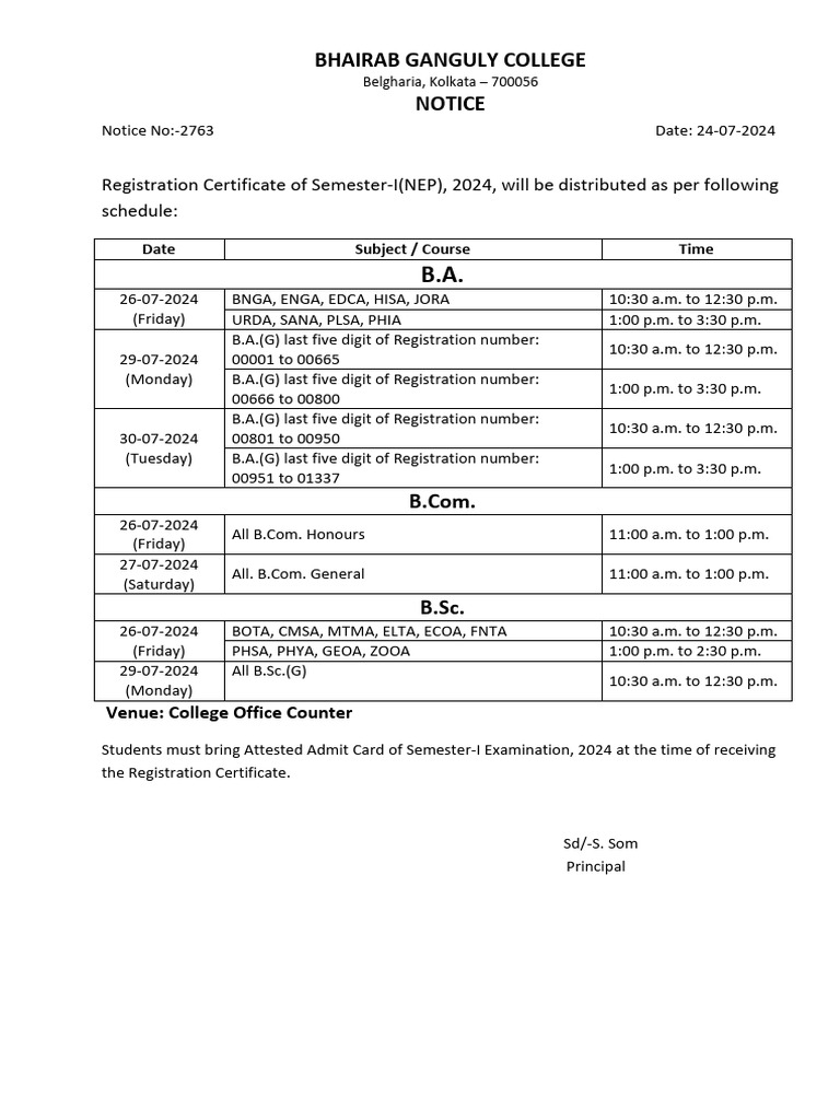 Semester-I Registration Certificate Distribution Schedule 2024 | PDF ...