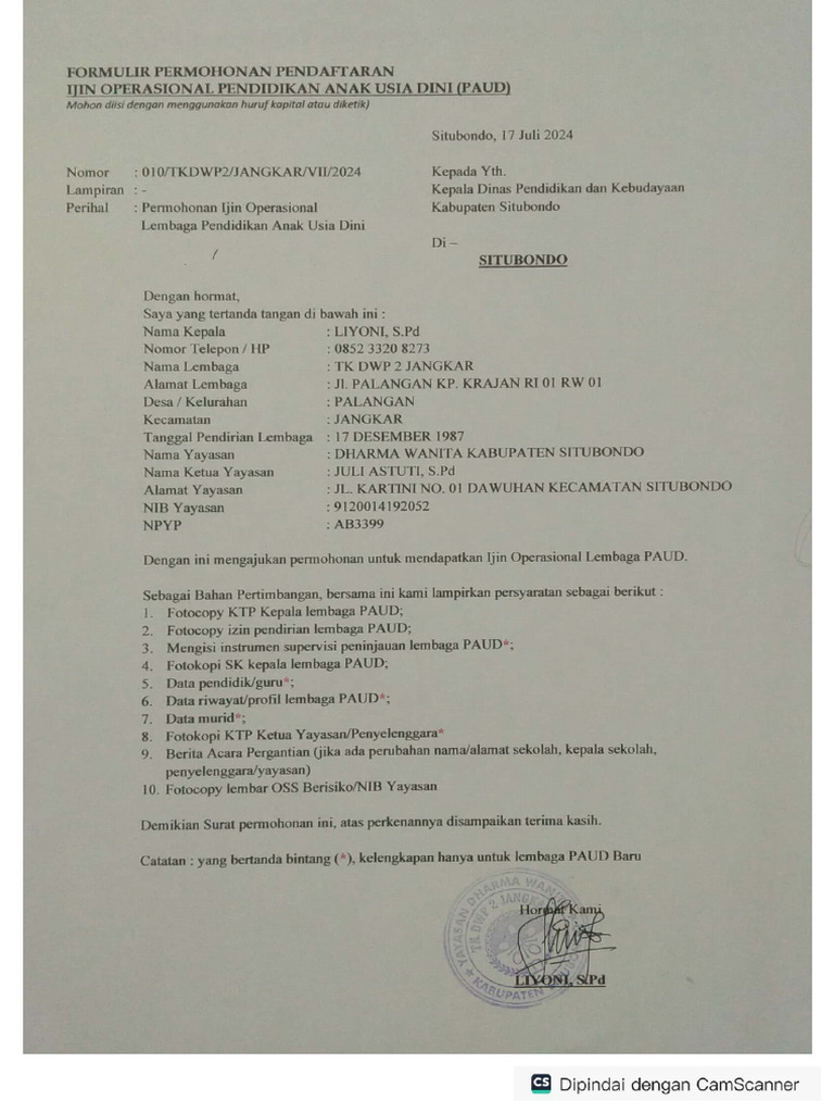 Formulir Permohonan Pendaftaran Ijin Operasional Paud-Tk DWP 2 Jangkar ...