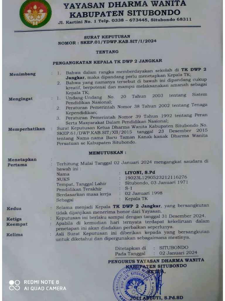 SK Kepala Sekolah-Tk DWP 2 Jangkar | PDF