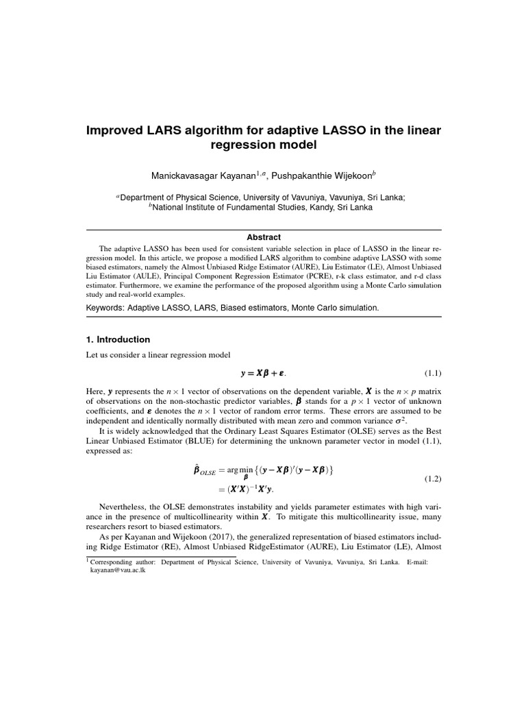 Improved LARS Algorithm For Adaptive LASSO in The Linearregression Model1 | PDF | Linear ...