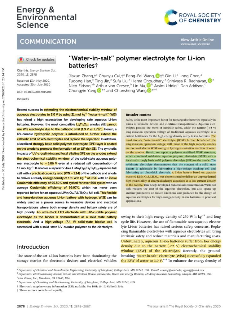 Zhang Et Al. - 2020 - "Water-In-Salt" Polymer Electrolyte For Li-Ion Bat | PDF | Lithium Ion ...