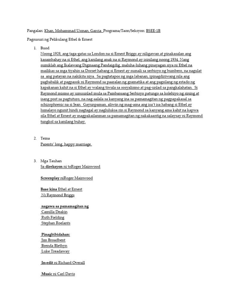 Pagsusuri NG Pelikulang Ethel 0 Ernest | PDF