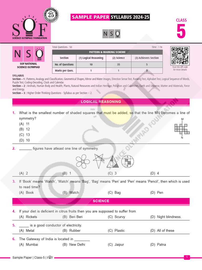NSO Sample Paper Class-5_2024-25 | PDF
