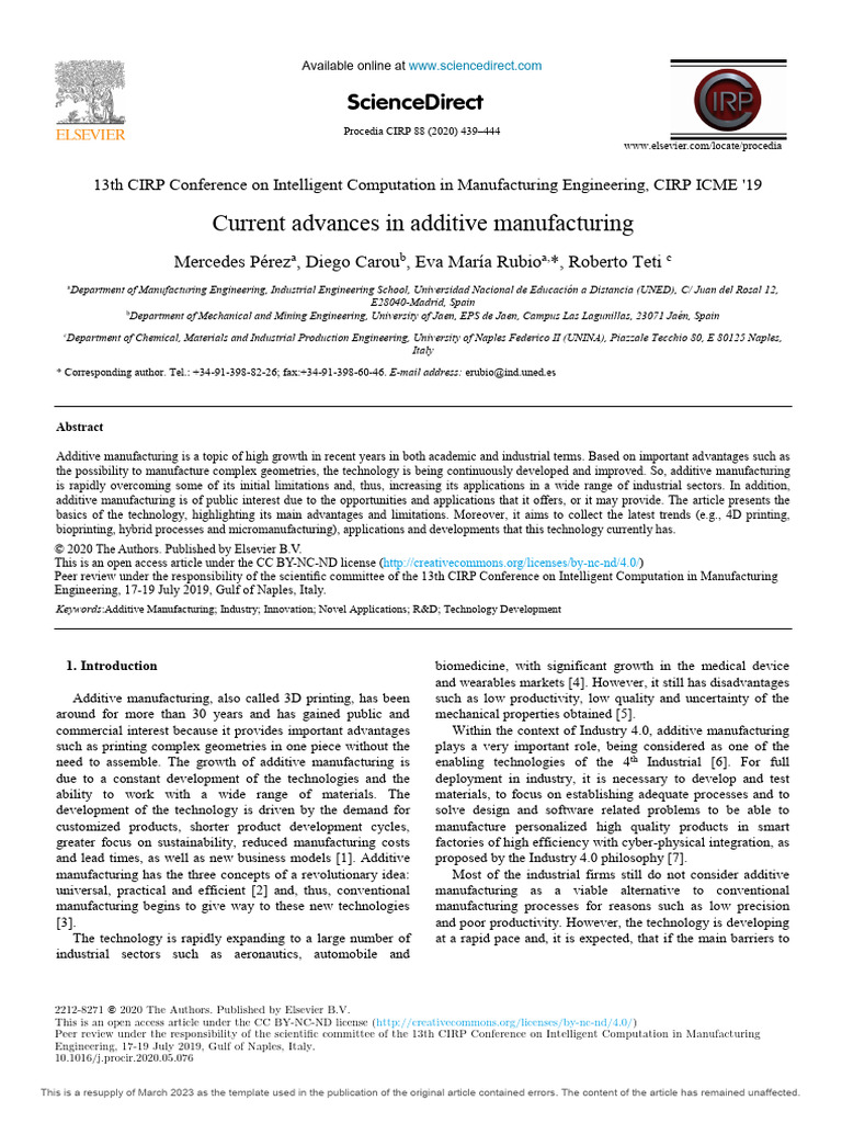 2020.current Advances in Additive Manufacturing-2019 | PDF | 3 D Printing | Engineering