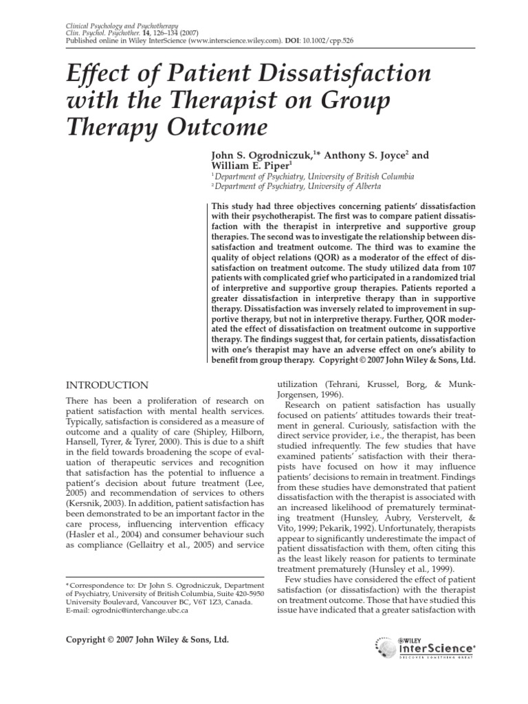 Effect of Patient Dissatisfaction With The Therapist On Group Therapy ...
