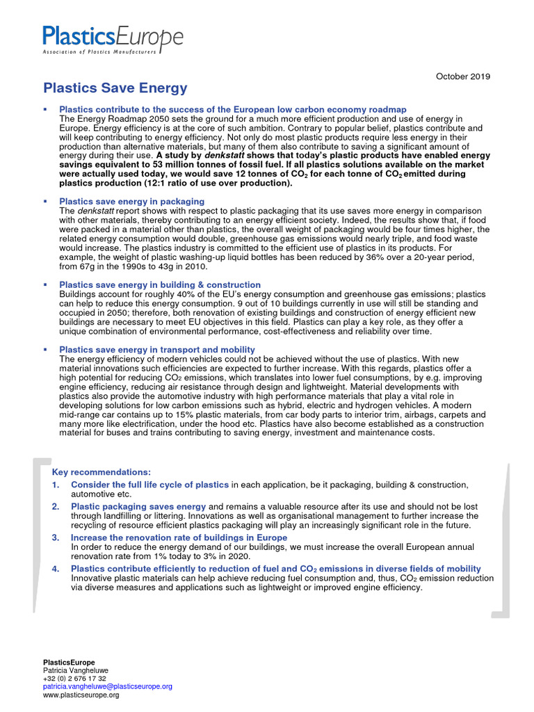 Energy Efficiency Benefits of Plastics | PDF | Efficient Energy Use ...