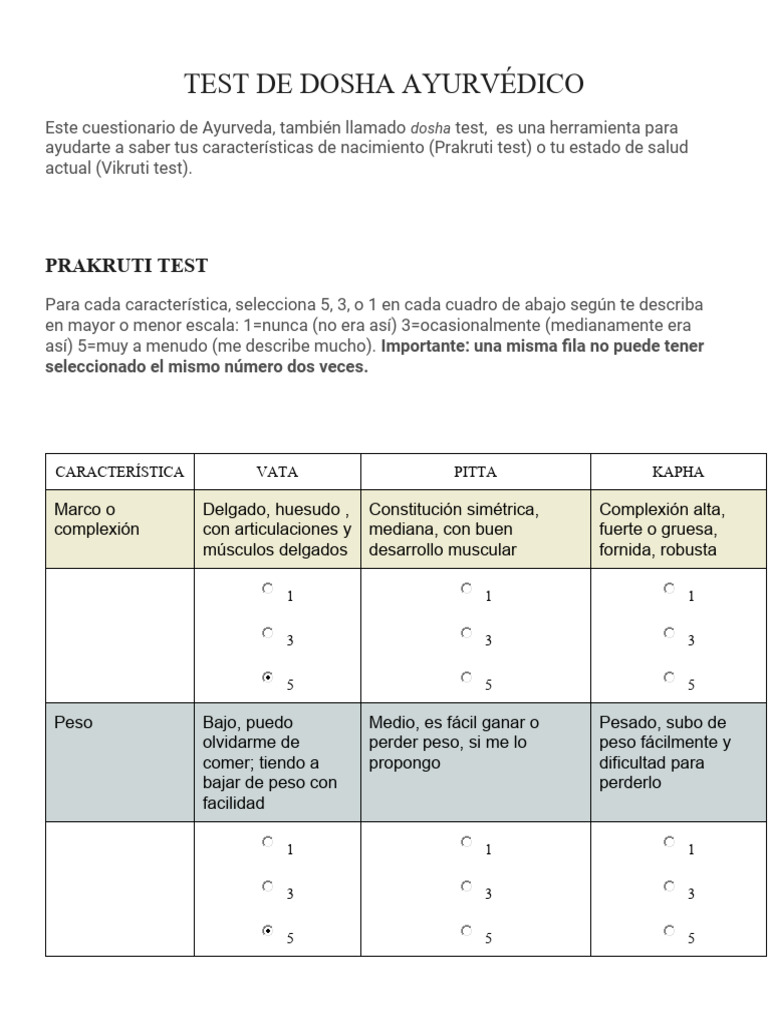 TEST DOSHA AYURVEDA Prakruti | PDF | Enfermedades y trastornos ...