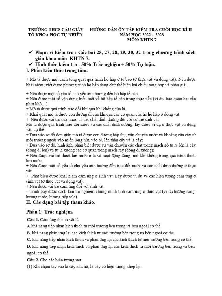 Copy-khtn 7 Hướng Dẫn Ôn Tập Kt Cuối Hk2 Năm Học 2022 2023 | PDF