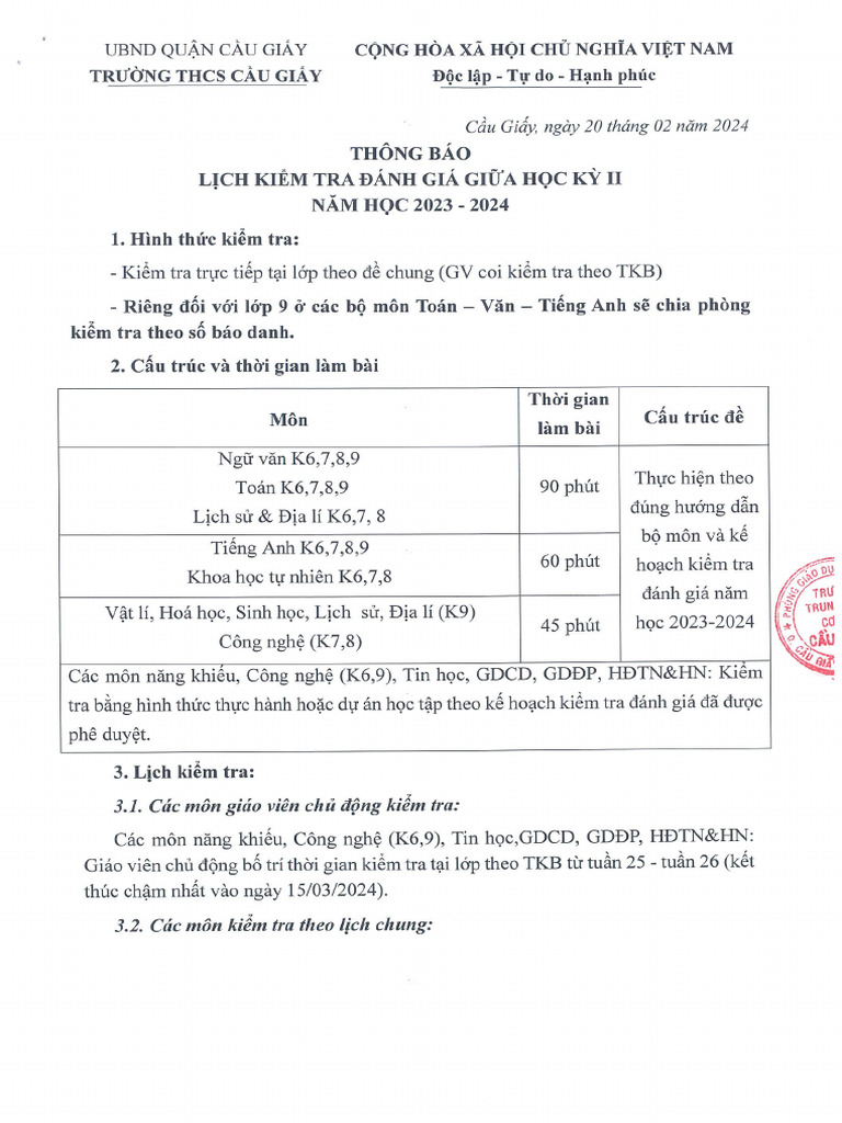 Hs - Tb Lịch Kiểm Tra Danh Gia Giua Hkii | PDF