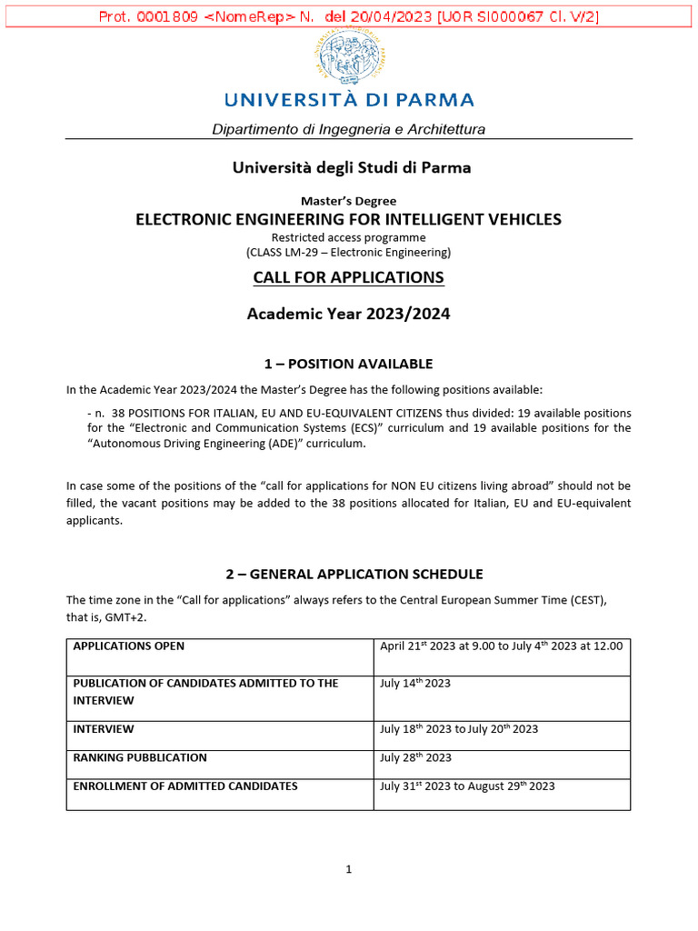 Bando Ammissione Eeiv Studenti Italiani Ue Eng Ita Signed Prot | PDF ...