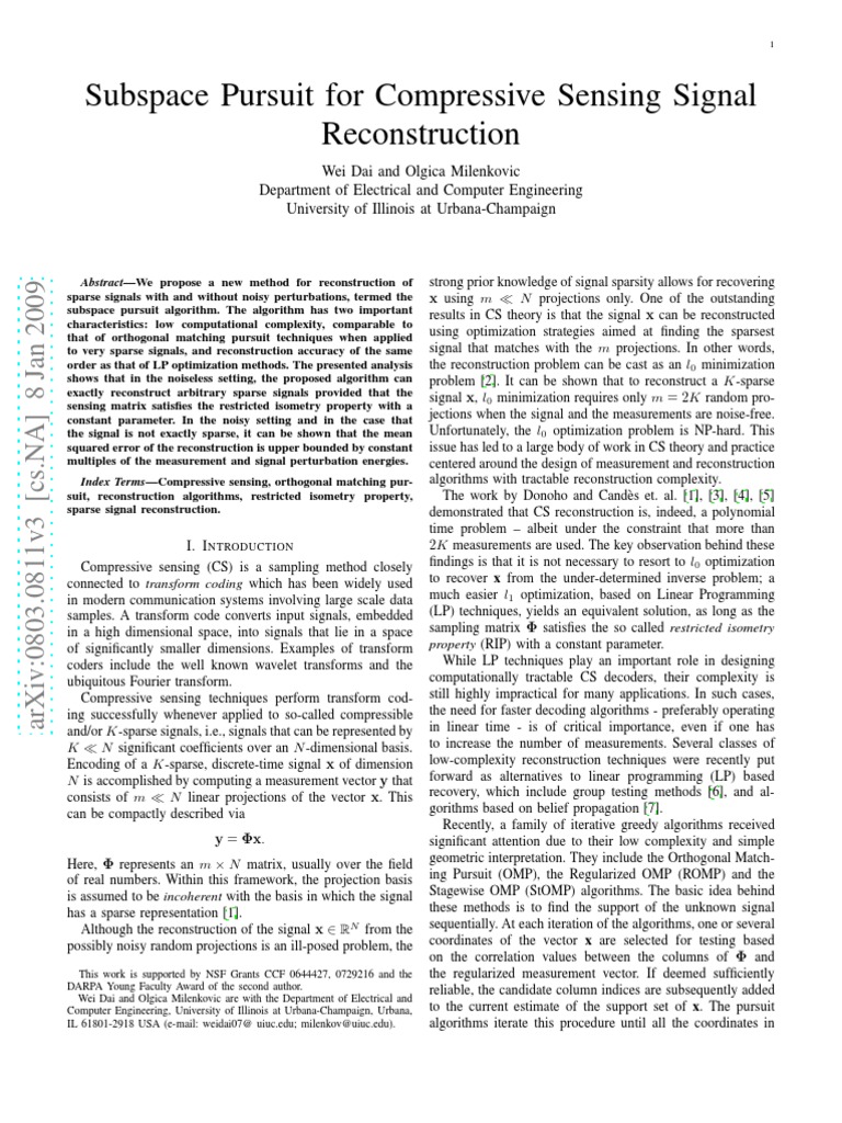 Subspace Pursuit For Compressive Sensing Signal Reconstruction | PDF | Linear Subspace | Matrix ...