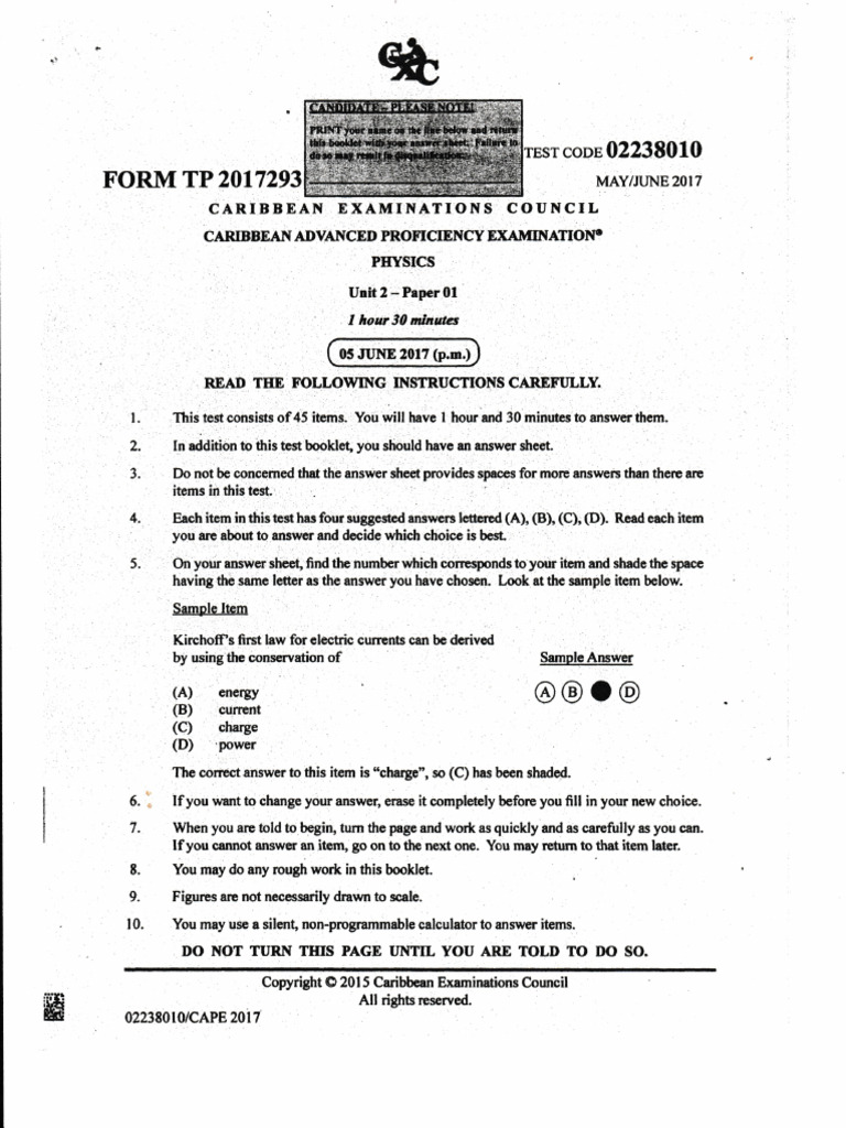 Cape Physics U2 P1 May-June 2017 With Answers | PDF