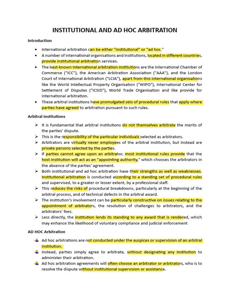Institutional vs. Ad Hoc Arbitration Explained | PDF | Arbitration ...