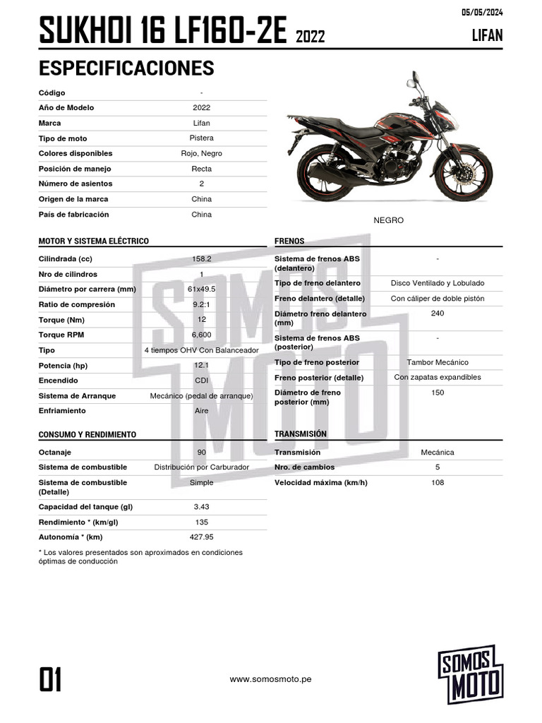 Lifan Sukhoi 160 LF160-2E 2022 Especificaciones | PDF | Motocicleta | Coche