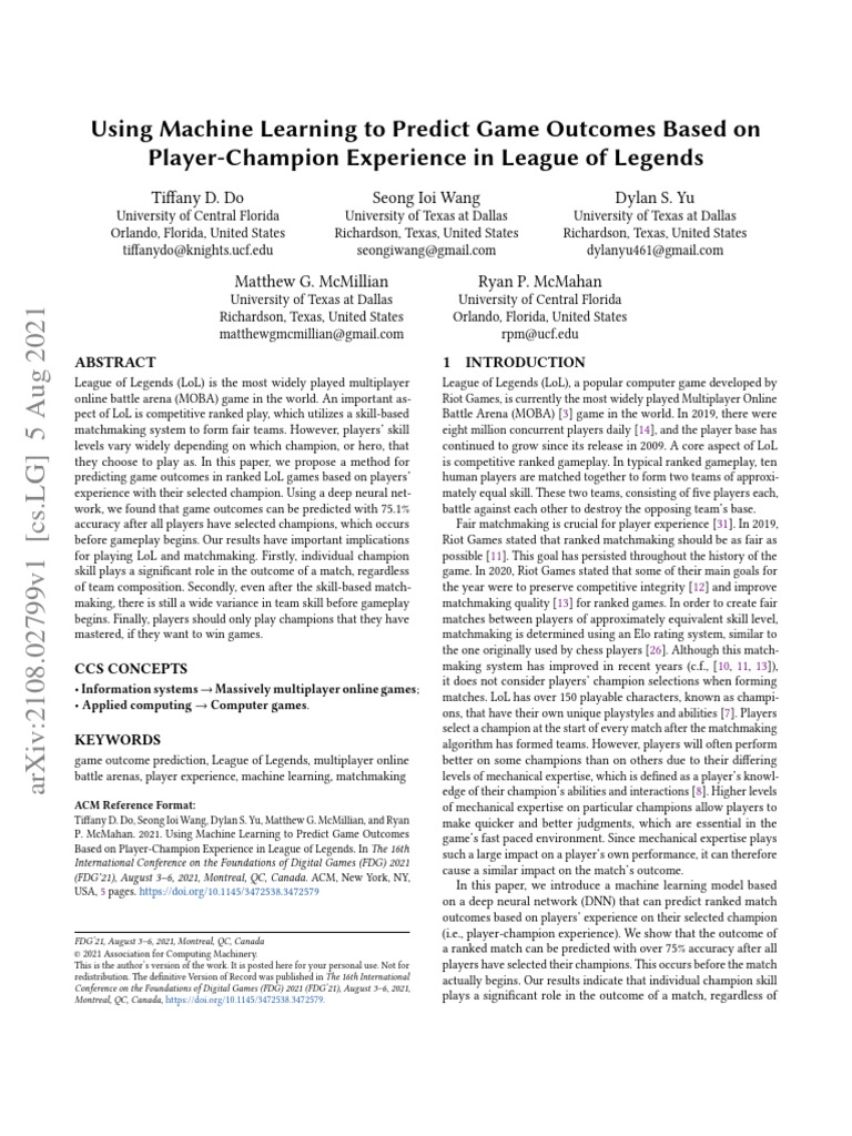 Using Machine Learning To Predict Game Outcomes Ba | PDF | Deep ...