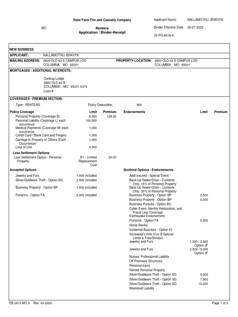 Renters Insurance-State Farm | PDF | Insurance | Deductible