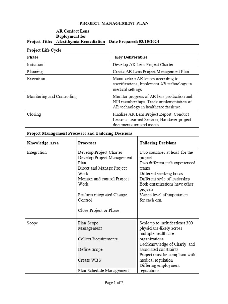 Project - Management - Plan - Ar Lens | PDF | Project Management | Business