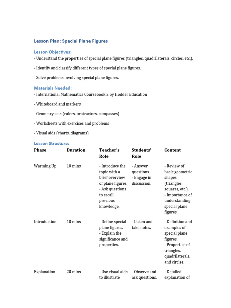 Special Plane Figures Lesson Plan | PDF | Area | Shape