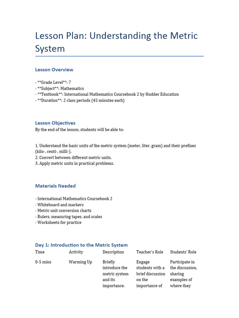 Metric System Lesson Plan Grade 7 | PDF | Learning | Cognition