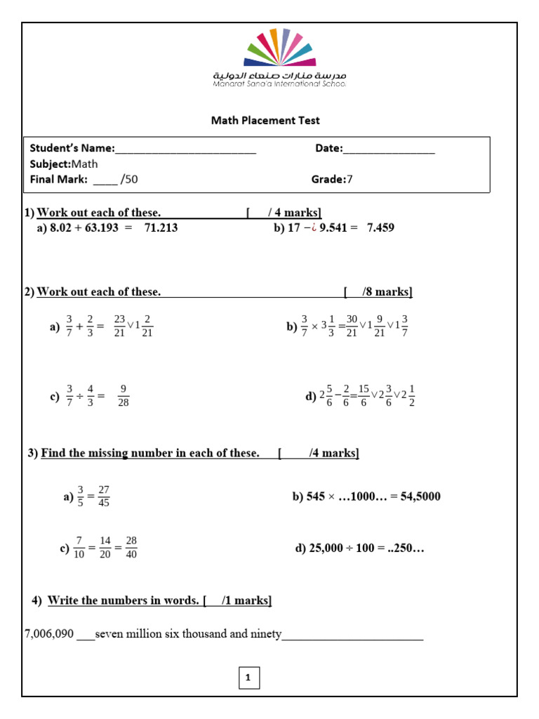 Math Answer key grade 7 | PDF