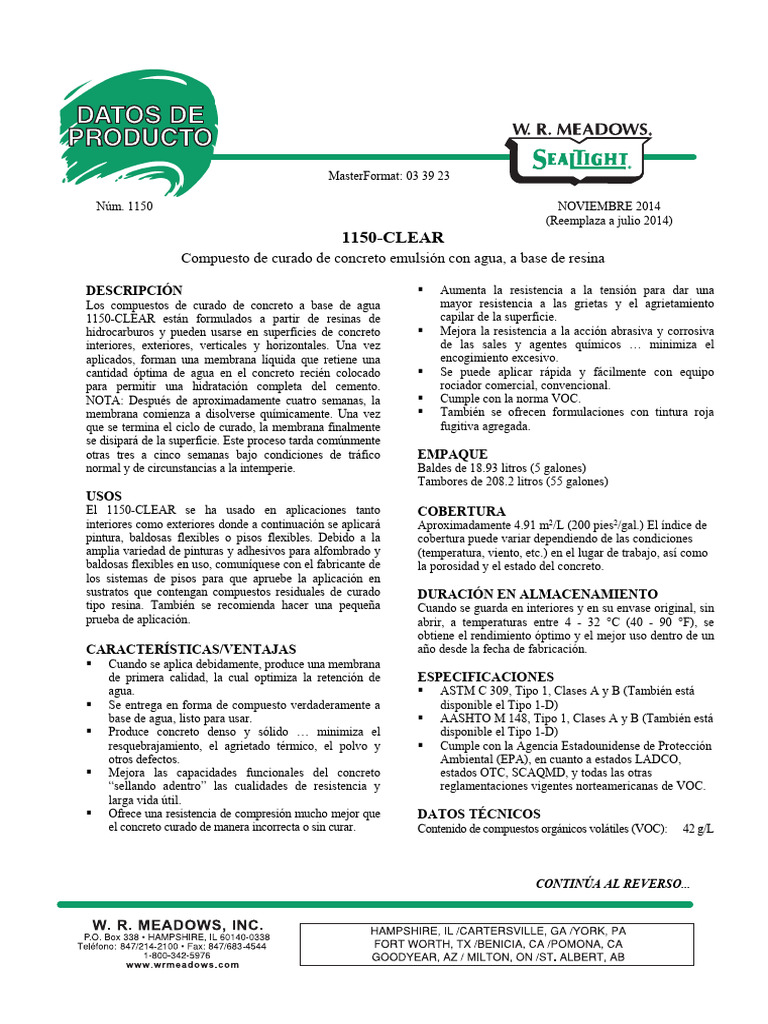 W.R. MEADOWS CURACRETO 1150-CLEAR-esp | PDF | Hormigón | Agua