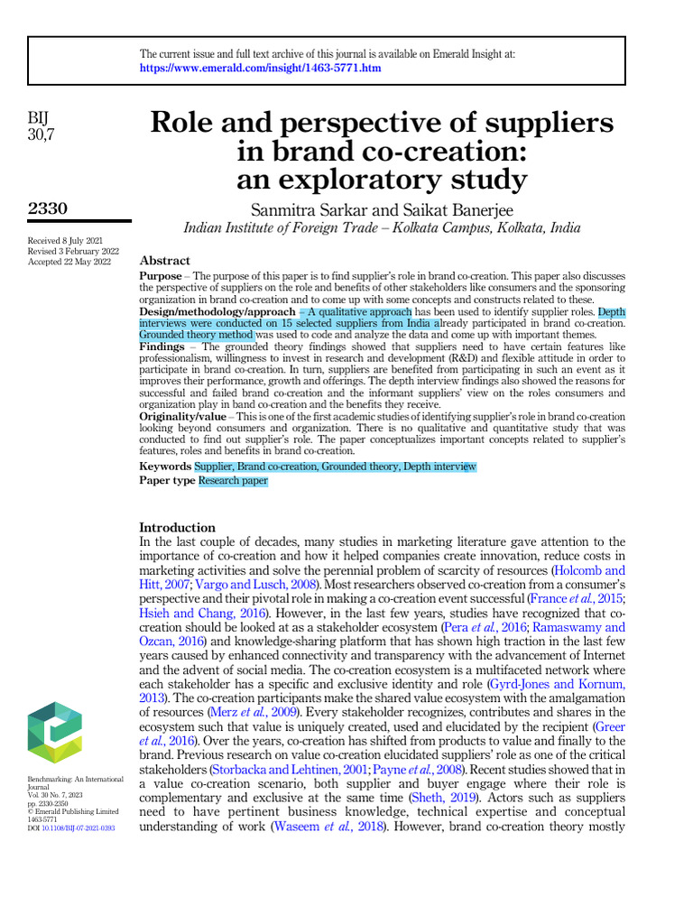 1.role of Suppliers in Brand Co-Creation - An Exploratory Study | PDF | Brand | Supply Chain
