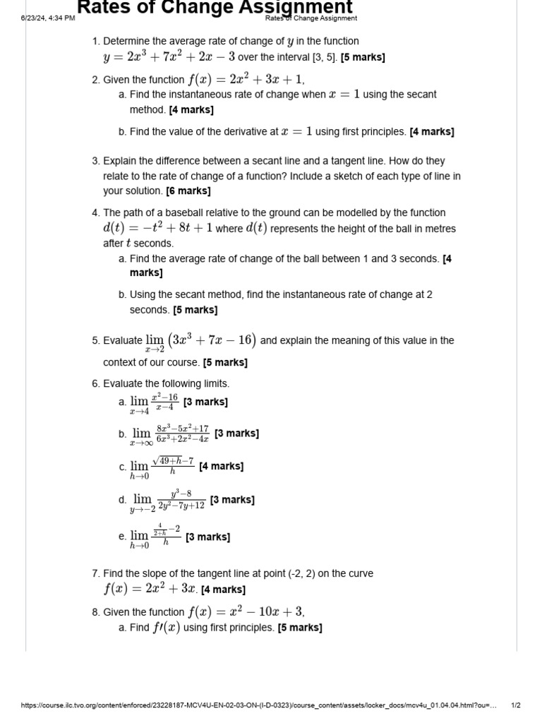 Rates of Change Assignment | PDF | Derivative | Tangent
