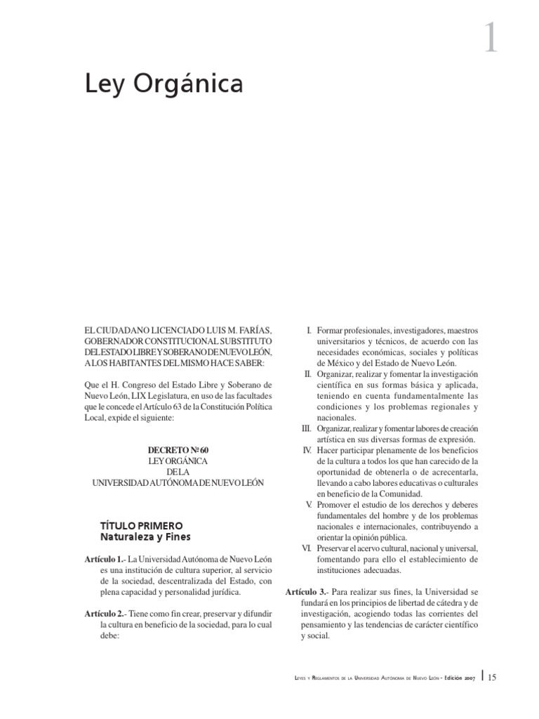 Ley Organica UANL 2007 | PDF | Universidad | Titulo academico