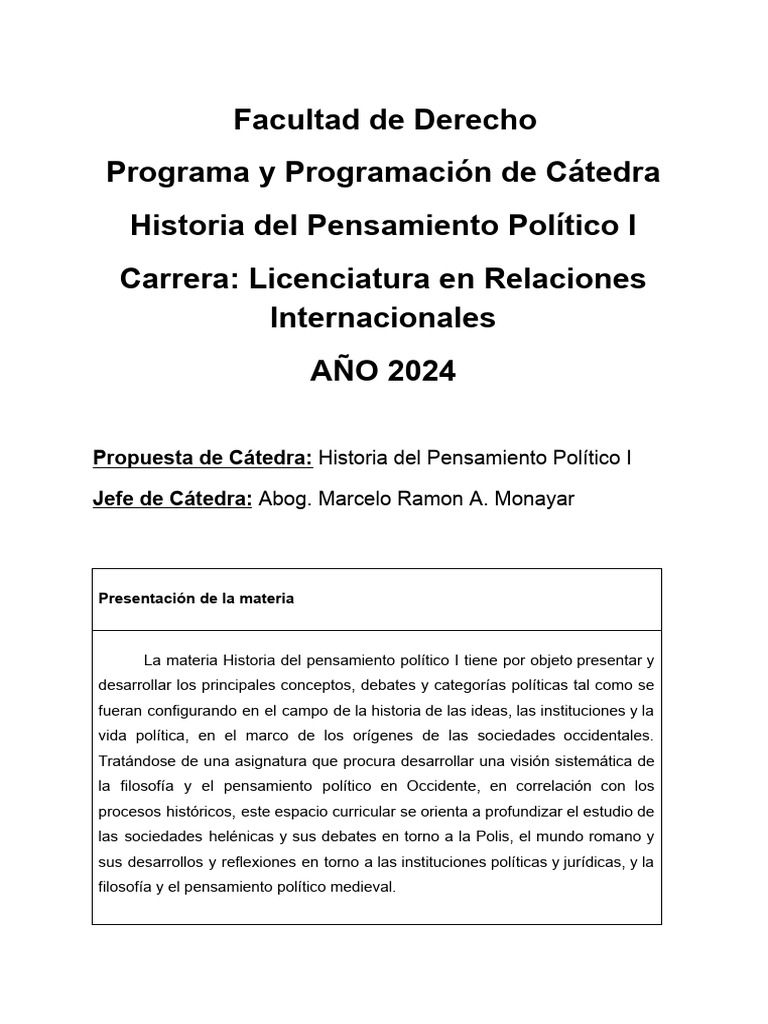 Programa - Historia Del Pensamiento Político I - 2024 | PDF | Ciencias Políticas | Institución