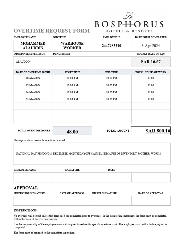 Overtime Request Form | Download Free PDF | Overtime | Payroll