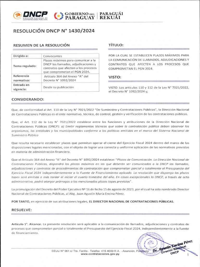 Res DNCP 1430 24 | PDF | Bancario | Organizaciones económicas internacionales