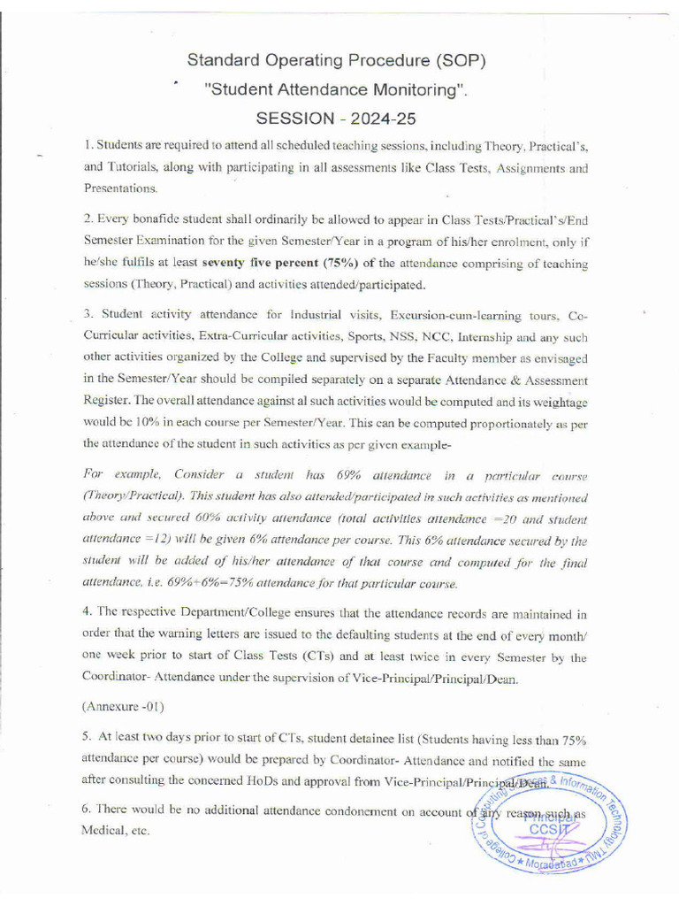 Standard Operating Procedure For Attendance Session 2024-25 | PDF ...