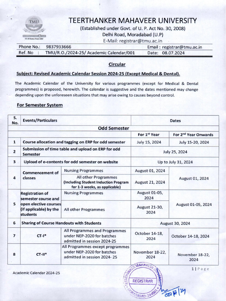 TMU Academic Calendar-2024-25 Revised | PDF