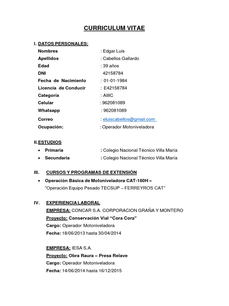 Curriculum Vitae Edgar Motoniveladora-2024 | PDF | Negocios | Derecho