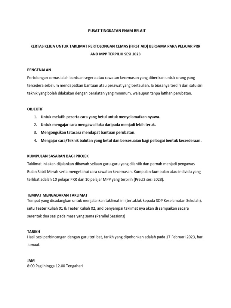 Paper Work 2023 First Aid - MPP N PRR Students Final | PDF