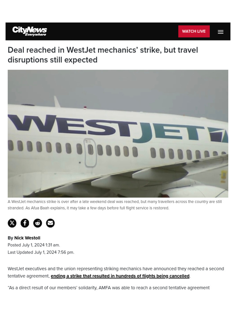 Deal Reached in WestJet Mechanics' Strike, But Travel Disruptions Still ...