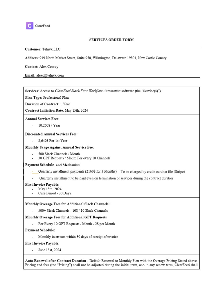 ClearFeed Service Agreement | PDF | Fee | Pricing