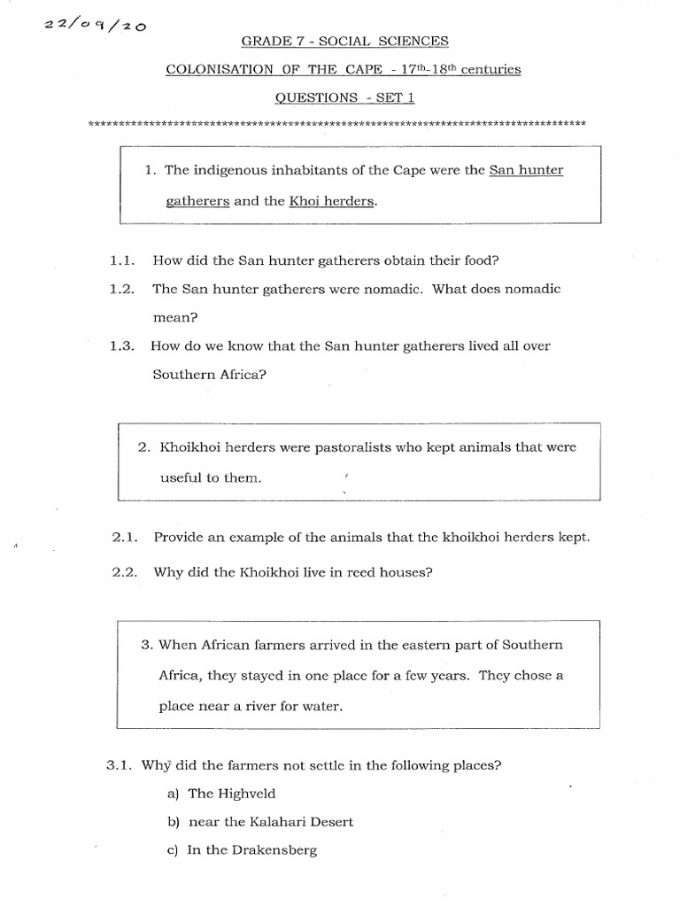 GR 7 SS - Colonisation of The Cape - Questions - Set 1 | PDF