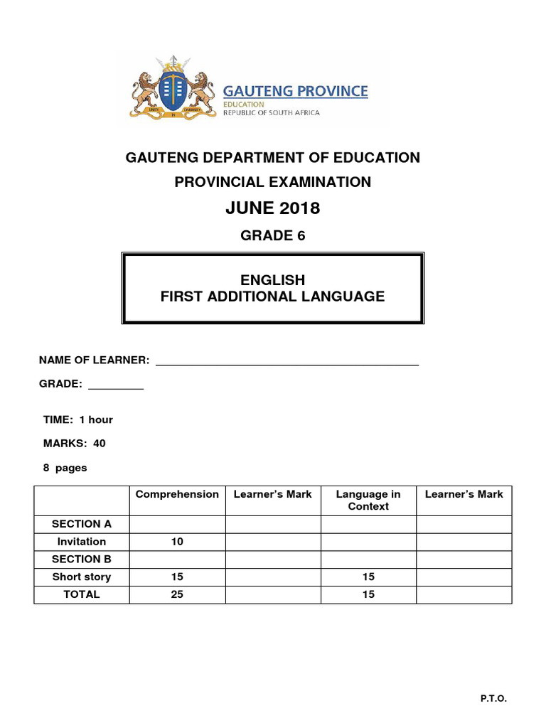 GR 6 English FAL English June 2018 Question Paper | PDF | English ...