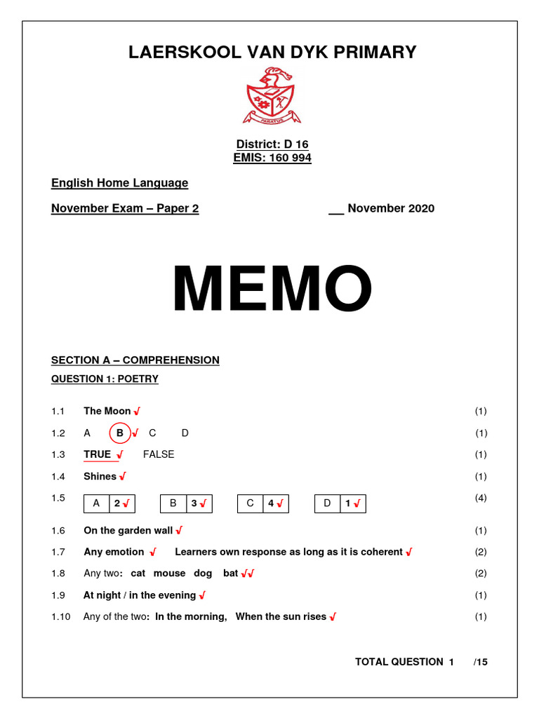 2020 November Exam Paper GR6 English HL Memo | PDF | Linguistics ...