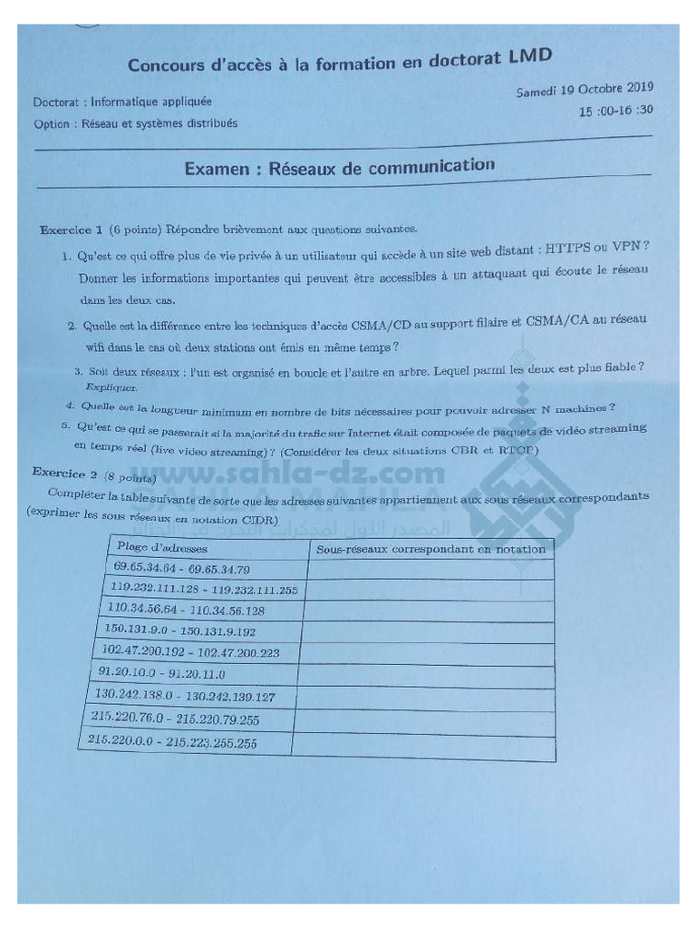 3 Sujets Concours Doctorat en Informatique Réseaux | PDF