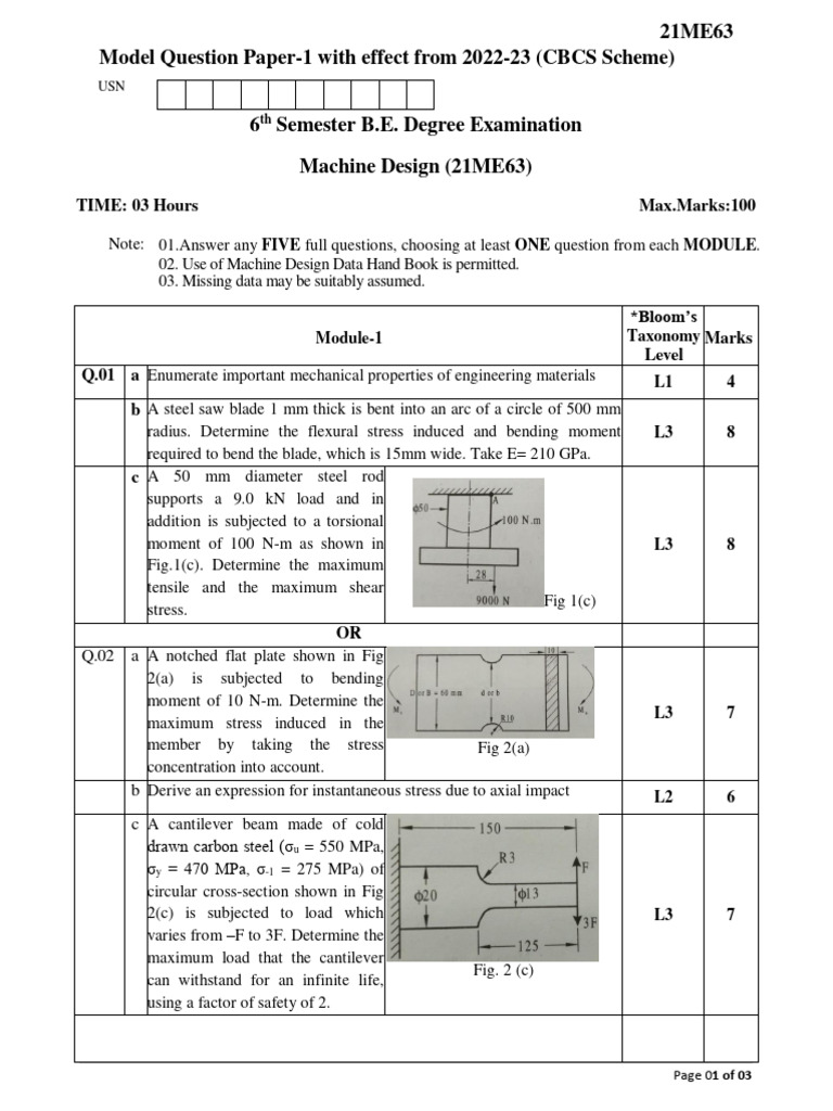 Machine Design Exam Paper 21ME63 | PDF | Gear | Bending