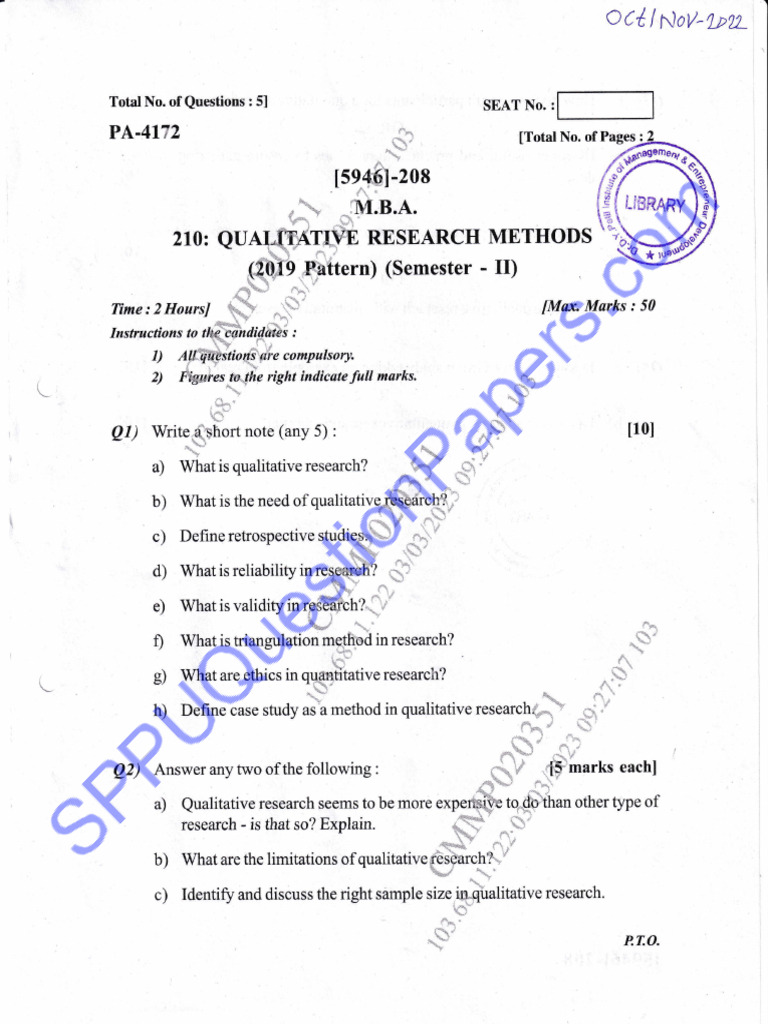 Postgraduate PG Mba Semester 2 2022 November Qualitative Research Methods Pattern 2019 | PDF ...