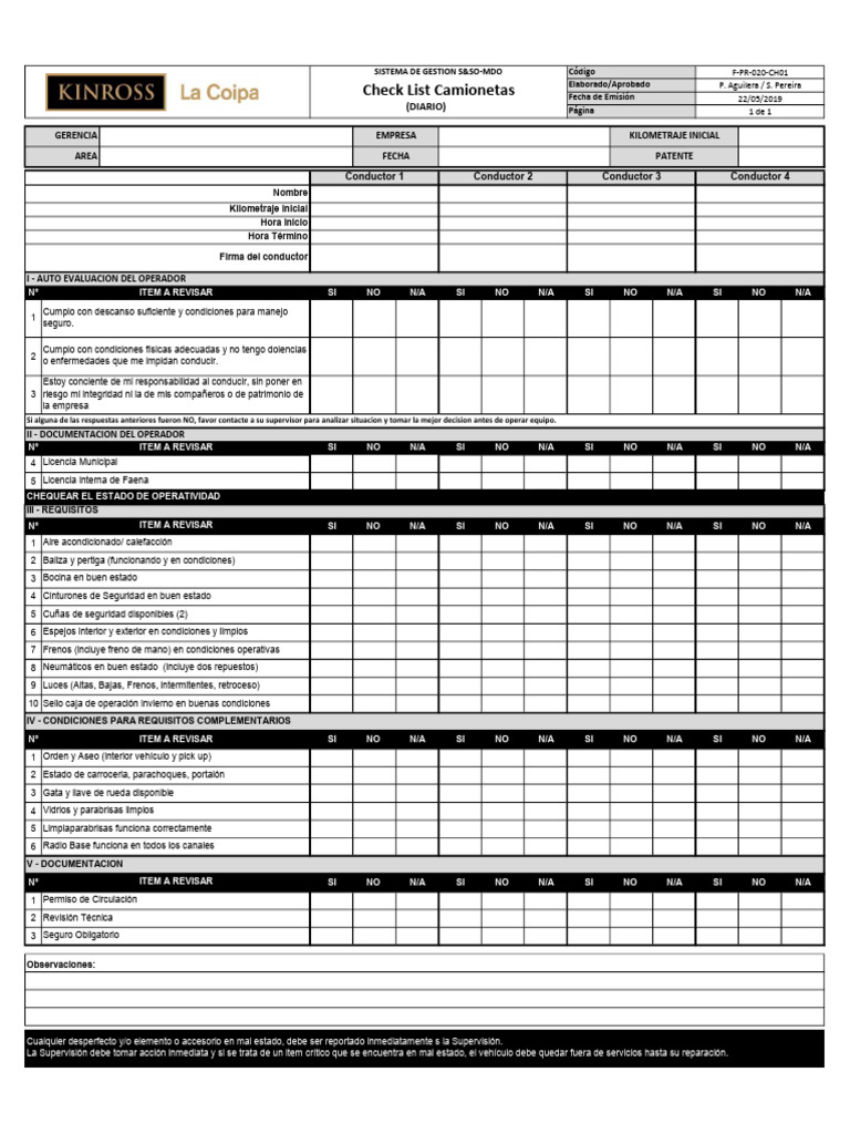 F-PR-020-CH01 Check List Camionetas MDO | PDF | Industria automotriz | Vehículos terrestres