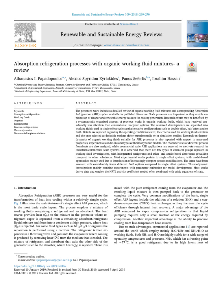 Absorption Refrigeration Processes With Organic Working Fluid Mixtures - A Review | PDF ...