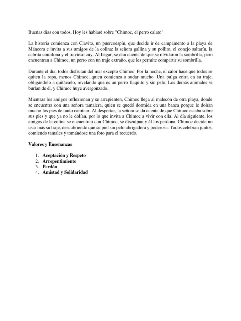 Chimoc, el perro calato: Resumen y valores | PDF