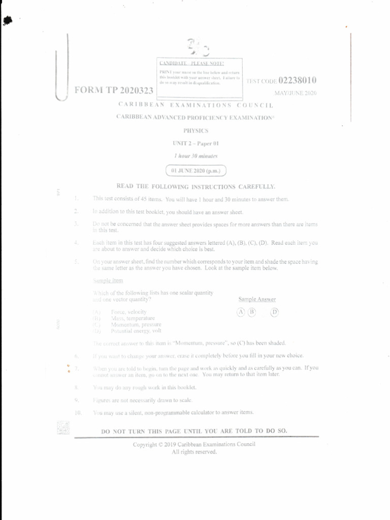 Cape Physics U2 P1 May-June 2020 With Answers | PDF