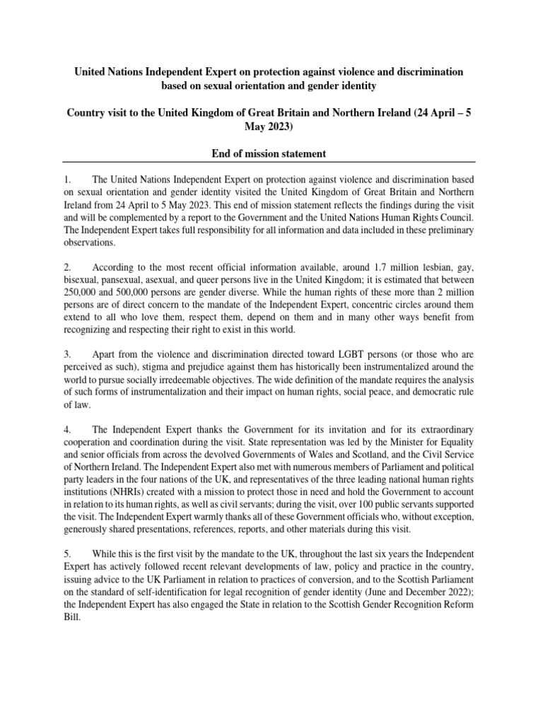 Eom Statement UK IE SOGI 2023 05 10 | PDF | LGBTQIA+ Studies | Transgender