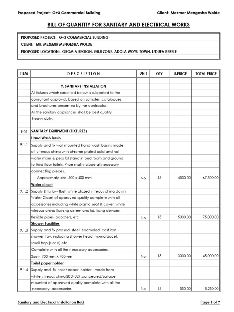 Electerical & Sanitary BoQ | PDF | Electrical Connector | Pipe (Fluid ...